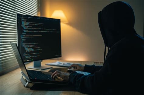 premium photo hacker man wearing hood writing code to hack network