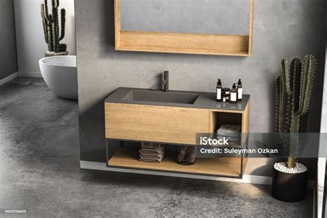 현대적인 미니멀리스트 욕실 인테리어 현대적인 욕실 캐비닛 흰색 세면대 나무 화장대 인테리어 식물 욕실 액세서리 욕조 흰색 및