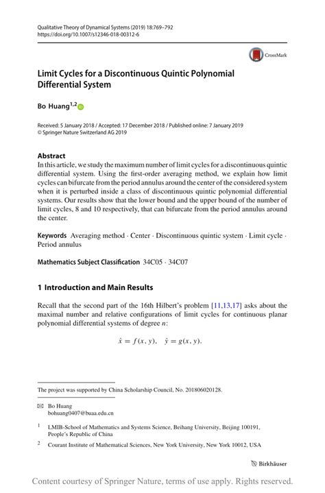 Limit Cycles For A Discontinuous Quintic Polynomial Differential System Request Pdf