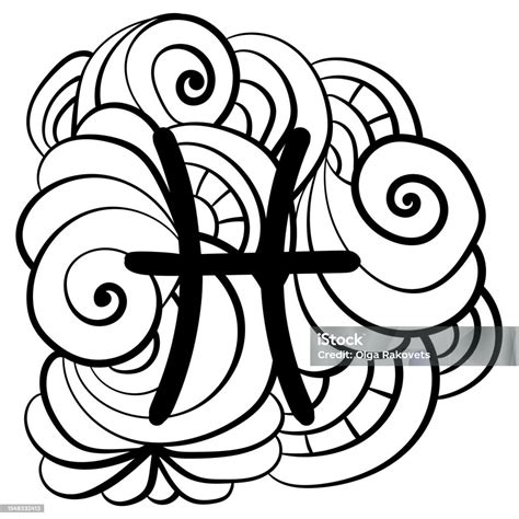 물고기자리 조디악 표지판 기호 색칠하기 책 또는 디자인을 위한 명상적인 선 페이지 그리기에 대한 스톡 벡터 아트 및 기타 이미지