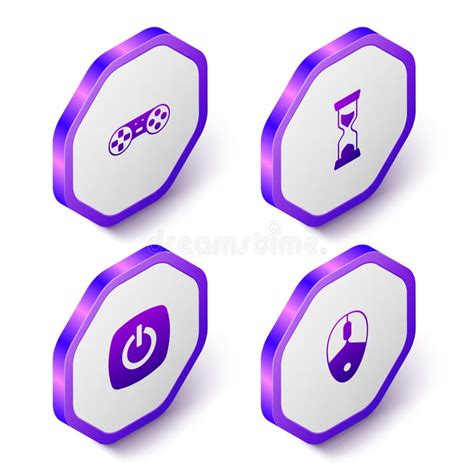 Set Isometric Game Controller Or Joystick Old Hourglass Power Button And Computer Mouse Icon