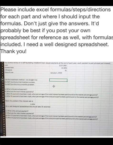 solved please include excel formulas steps directions for