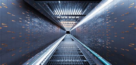 우주선의 기술 터널 통로 미래 우주 및 공상 과학 복도 룸 쇼케이스 조명 빔 터널 현대 미래 쇼룸 바닥 및 벽 기술 3d 배경 0명에 대한 스톡 사진 및 기타 이미지