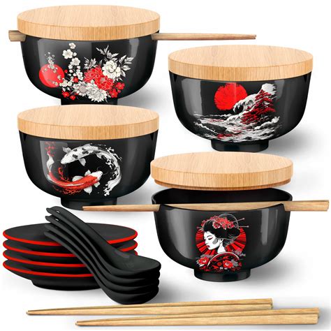 I2 Home Japanese Ramen Bowl Set Of 4 20 Pcs 32 Oz Ceramic