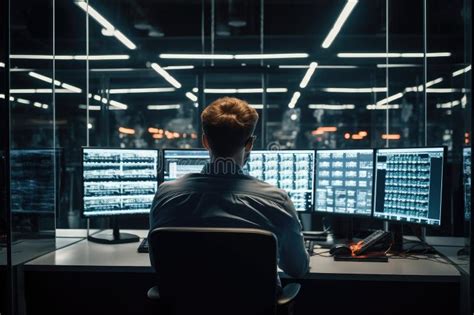 Technician Man Monitoring Program From A Lot Of Monitor Multiple