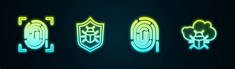 라인 지문 시스템 버그 및 클라우드를 설정합니다 빛나는 네온 아이콘입니다 벡터 범죄에 대한 스톡 벡터 아트 및 기타 이미지