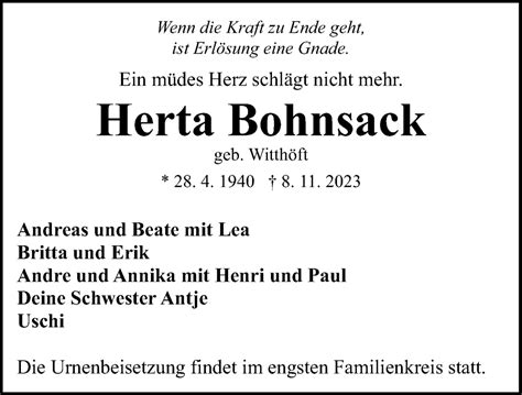 Traueranzeigen Von Herta Bohnsack Trauer Anzeigen De