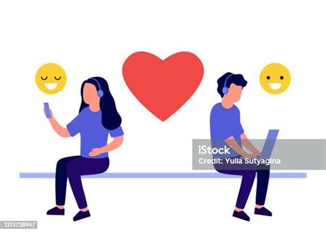 온라인 데이트 사랑 부부는 거리를 통신합니다 인터넷 메시지 채팅에서 커플 관계 로맨틱 한 파트너와 날짜 및 소개를위한 모바일 응용 프로그램 벡터 플랫 일러스트레이션