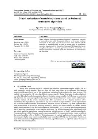 Model Reduction Of Unstable Systems Based On Balanced Truncation Algorithm PDF
