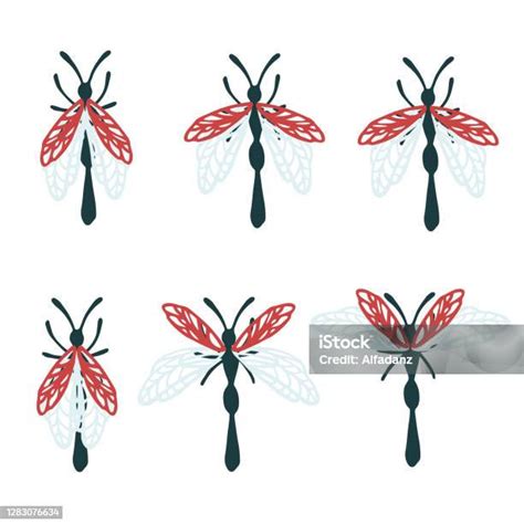 흰색 배경에 고립 된 다른 날개 컬렉션 곤충 플랫 벡터 일러스트와 간단한 평면 잠자리 세트 검은색에 대한 스톡 벡터 아트 및 기타 이미지 검은색 곤충 기어가기