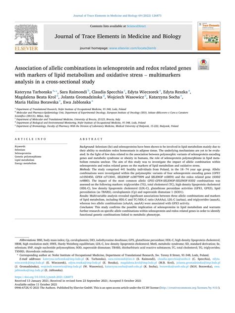 Pdf Association Of Allelic Combinations In Selenoprotein And Redox
