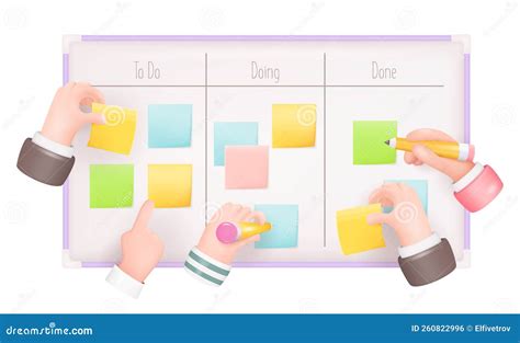 Kanban Board With Color Sticky Notes And Writing Hands Stock Vector Illustration Of Office