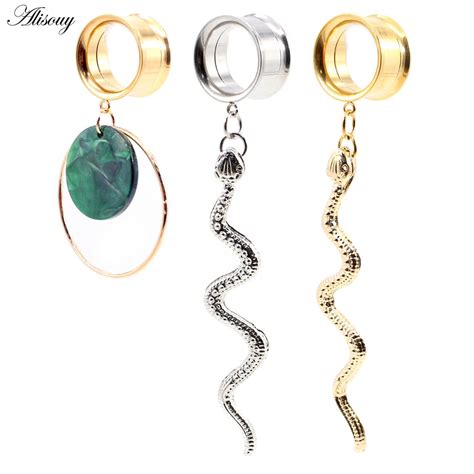 Alisouy 2pcs 스테인레스 스틸 그린 아크릴 버튼 뱀 펜던트 귀 터널 플러그 확장기 들것 게이지 피어싱 바디 쥬얼리 Aliexpress