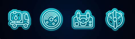 세트 라인 연료 탱커 트럭 모니터에 표적이 있는 레이더 항공기 조타 장치 및 비행기 프로펠러 빛나는 네온 아이콘입니다 벡터