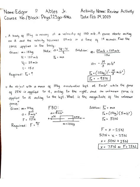 exercise 2 kinematics and dynamics review activity pdf