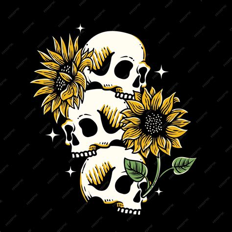 Premium Vector Hand Drawn Skull With Sunflower Illustration