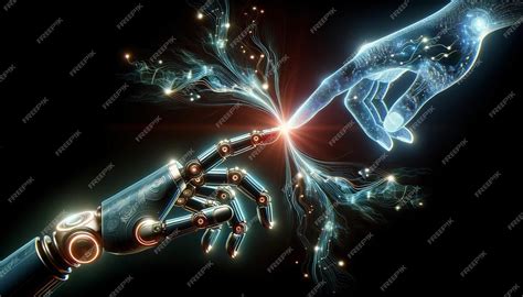 Premium Photo Human Robot Touch Artificial Intelligence Interaction Concept Futuristic Background
