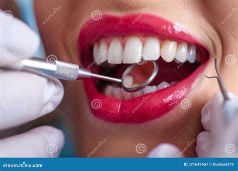Close Up Of Dental Procedure With Tools During A Routine Checkup Stock