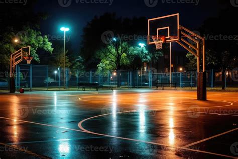 Empty Urban Outdoor Basketball Court At Night With A Wide Angle View