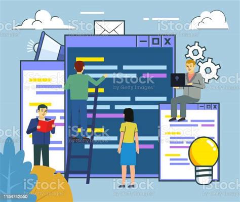 소프트웨어 개발 코딩 사람들은 코드가 있는 큰 페이지 근처에 서 있습니다 소셜 미디어 배너 프레젠테이션 웹 페이지를 위한 포스터