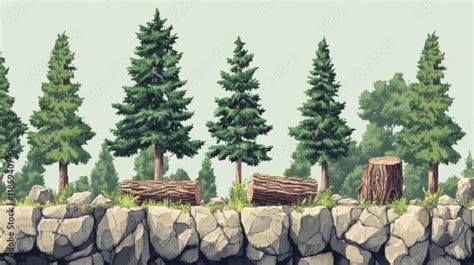 Side View Game Sprite Sheet Showing Modular Pixel Tree And Rock Assets