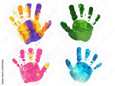 Colorful Handprint Art On White Background Vibrant Handprints In Different Colors Abstract