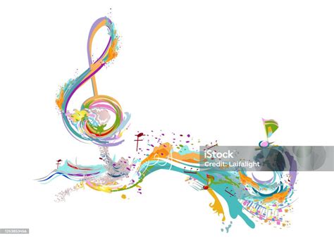 고음 음표와 화려한 스플래시와 파도와 추상적 인 음악 디자인 손으로 그린 벡터 그림 Classical Concert에 대한 스톡 벡터 아트 및 기타 이미지