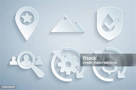기어 및 화살표를 워크 플로우 방수 검색 사람을위한 돋보기 투자 반환 별 아이콘으로 산 및 위치로 설정합니다 벡터 3차원 형태에 대한 스톡 벡터 아트 및 기타 이미지