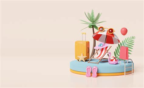 주황색 여행 가방 해변 의자 선글라스 풍선 플라밍고 샌들 야자 잎 쇼핑 종이 봉지 여름 여행 또는 온라인 쇼핑 여름 판매 개념 3d 그림 또는 3d 렌더링이 있는 무대 연단