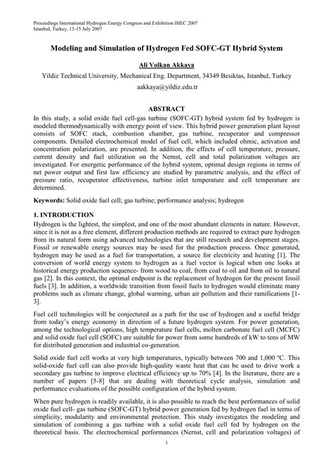 Pdf Modeling And Simulation Of Hydrogen Fed Sofc Gt Hybrid System