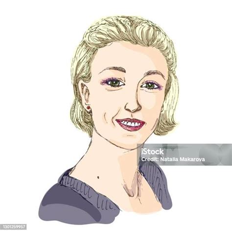 젊은 웃는 여자의 스케치 초상화 손으로 그린 얼굴 자연스러운 행복한 미소 부드러운 색상 흰색 배경에 격리된 벡터입니다 40 44세에 대한 스톡 벡터 아트 및 기타 이미지