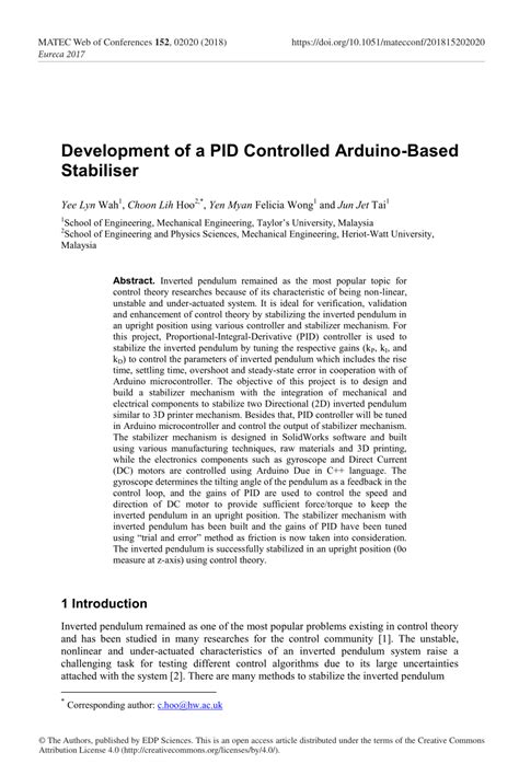 Pdf Development Of A Pid Controlled Arduino Based Stabiliser