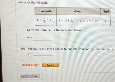 Solved Consider The Following A Solve The Formula For The Chegg Com
