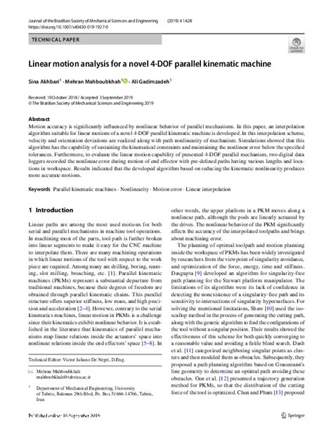 Pdf Linear Motion Analysis For A Novel 4 Dof Parallel Kinematic Machine