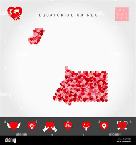 Red And Pink Hearts Pattern Map Of Equatorial Guinea Isolated On Grey Background Love Icon Set