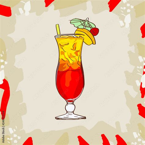 Sex On The Beach Tropical Cocktail Illustration Alcoholic Classic Bar Drink Hand Drawn Vector