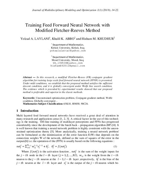 Pdf Training Feed Forward Neural Network With Modified Fletcher Reeves Method Khalil Abbo