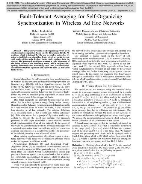 pdf fault tolerant averaging for self organizing synchronization in