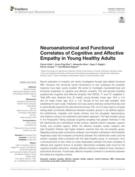 Pdf Neuroanatomical And Functional Correlates Of Cognitive And Affective Empathy In Young