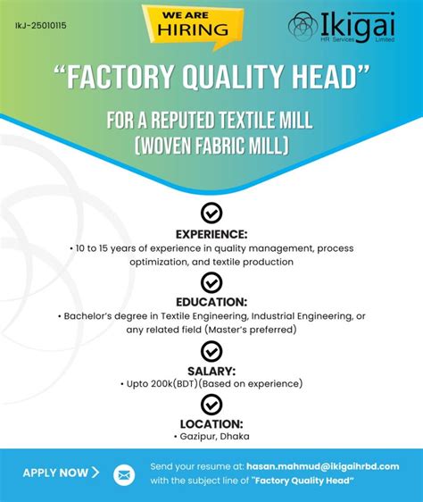We Are Hiring For A Reputed Textile Mill Woven Fabric Mill Position Factory Quality Head
