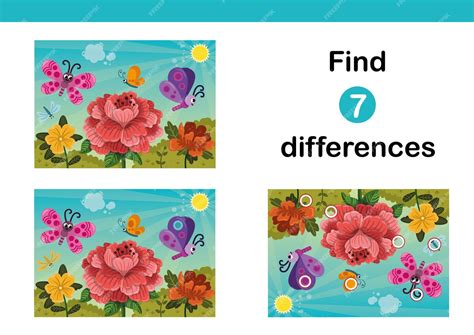 아이들을 위한 7가지 차이점 찾기 교육 게임 봄날 꽃 위를 나는 행복한 나비 프리미엄 벡터
