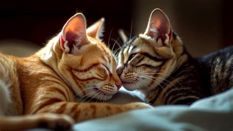 The Couple Of Cats Lie In Bed In Love Is Kissing Each Other Valentine