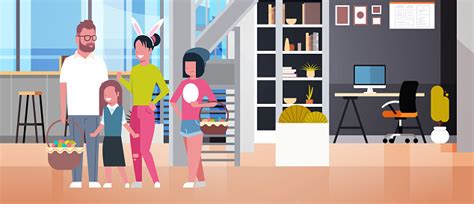 행복 한 부활절 부모와 봄 휴가 축 하 하는 아이 들에 큰 가족 거실 인테리어에 토끼 귀와 지주 바구니 착용 가정의 방에 대한 스톡 벡터 아트 및 기타 이미지 Istock