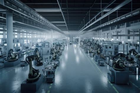 A Factory Floor With Robotic Arms And Machines Assembling Products On Their Own Stock
