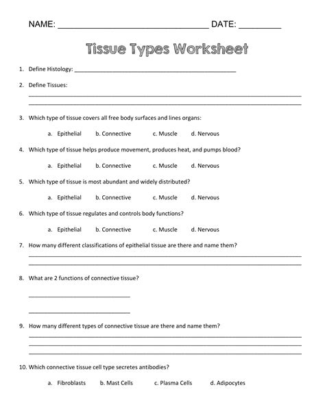Tissue Types Worksheet