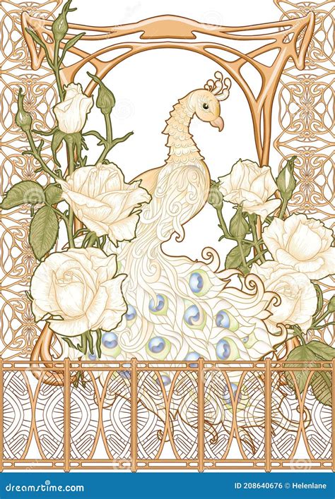 Плакат с павлином и розами в стиле модерн Иллюстрация вектора