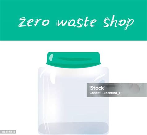 제로 폐기물 가게 텍스트 서예 레터링 흰색 배경에 고립 된 제품에 대한 유리 항아리 오염 문제 개념 에코 생태 배너 포스터 벡터