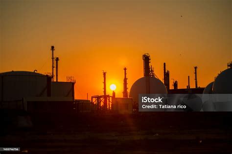 구조물 파이프 석유 저장 탱크 일몰시 태양의 백라이트에있는 석유 화학 공장의 파이프 라인 및 태양 디스크의 실루엣 0명에 대한 스톡 사진 및 기타 이미지 Istock