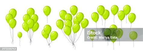 생일 파티 풍선 밝은 녹색 헬륨 풍선 뭉치 다채로운 공기 풍선 장식 평면 벡터 일러스트 레이 션 세트 흰색 바탕에 광택 풍선 개념에 대한 스톡 벡터 아트 및 기타 이미지