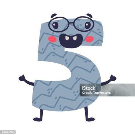 안경을 쓴 5명의 귀여운 재미있는 숫자 캐릭터 5 만화 유치한 밝은 다채로운 숫자 수학 기호 만화 벡터 그림 0명에 대한 스톡 벡터 아트 및 기타 이미지 Istock